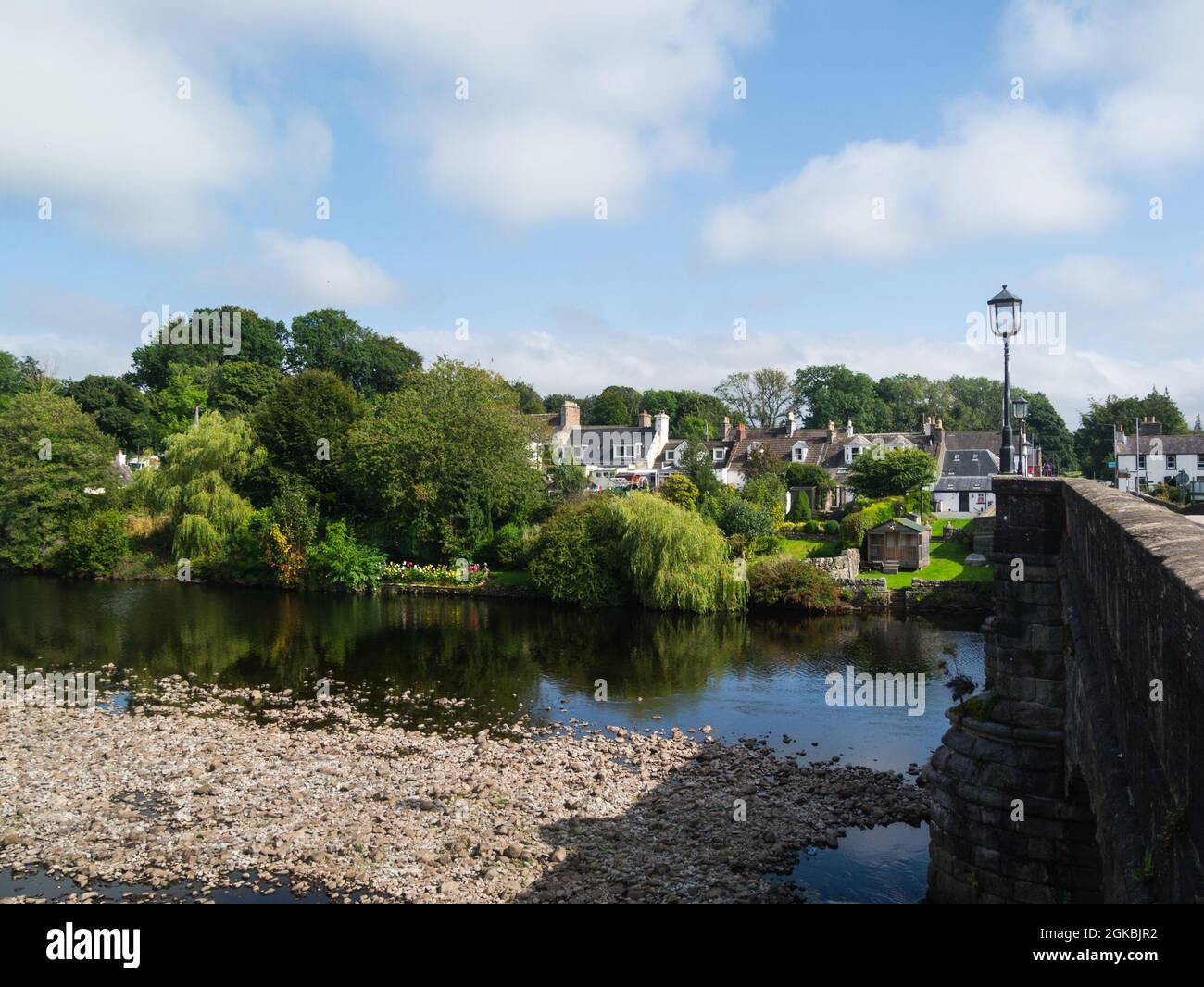View across River Cree from historic stone bridge Newton Stewart ...