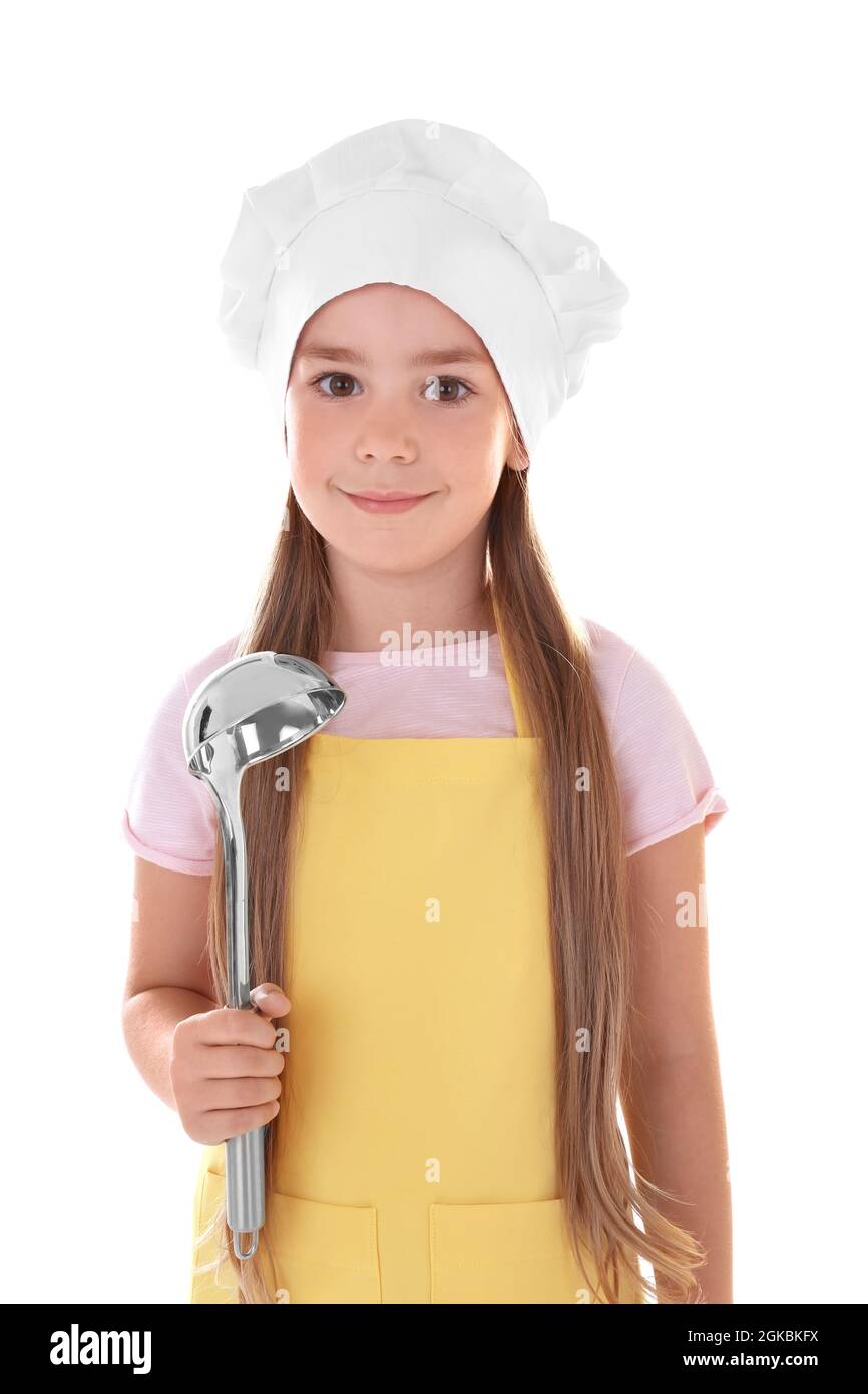 Cute girl in apron with ladle on white background Stock Photo - Alamy