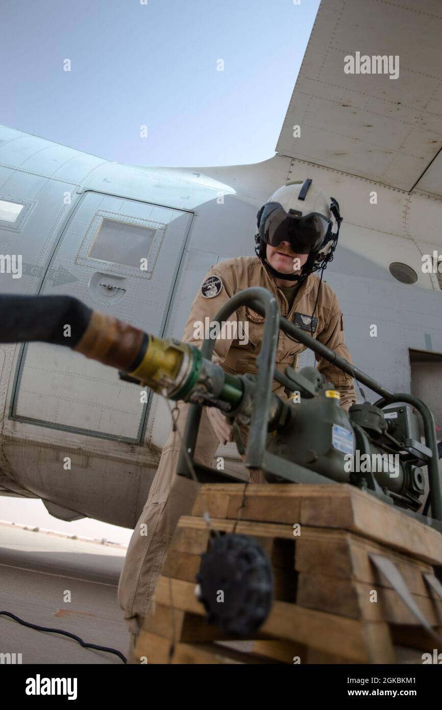A U.S. Marine with Marine Aerial Refueler Transport Squadron 352 (VMGR ...