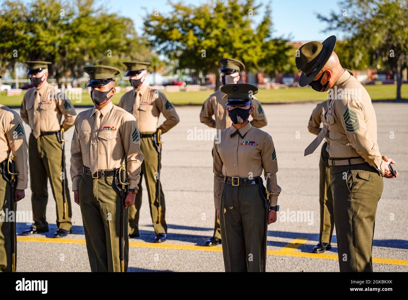 Drill Instructor School students undergo a uniform inspection as part of their training ...
