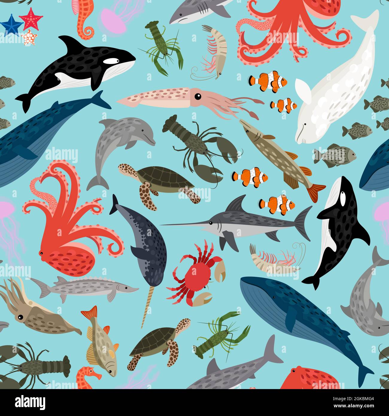 Seamless pattern of sea animals on blue background Stock Vector Image ...
