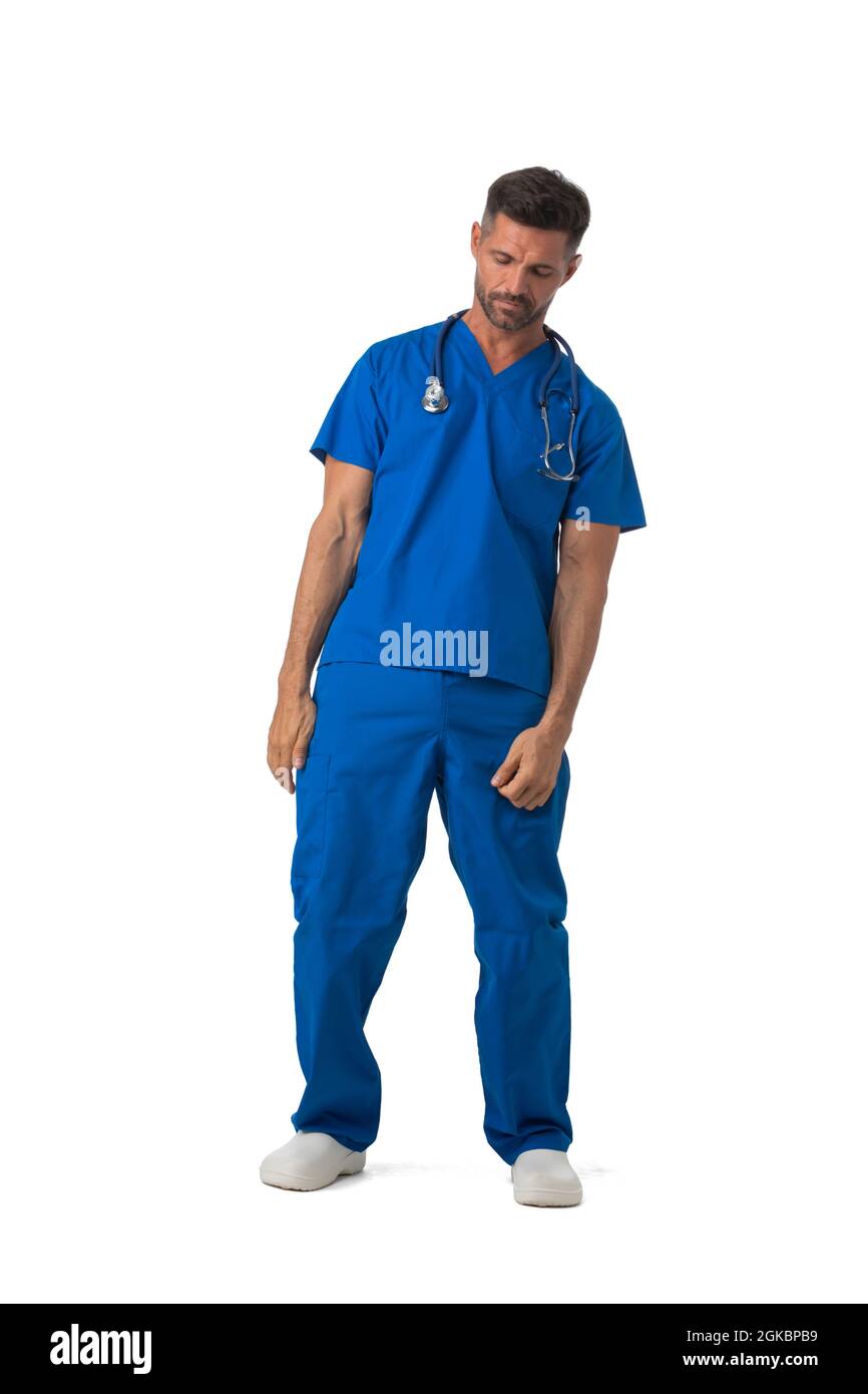 Tired sleepy doctor standing in medical clothing with eyes closed full ...