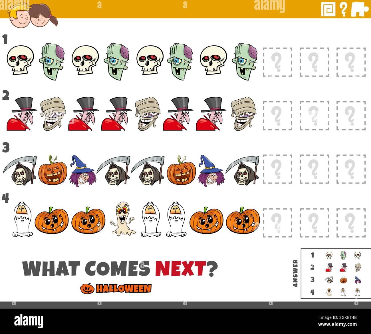 Cartoon illustration of completing the pattern educational game for ...