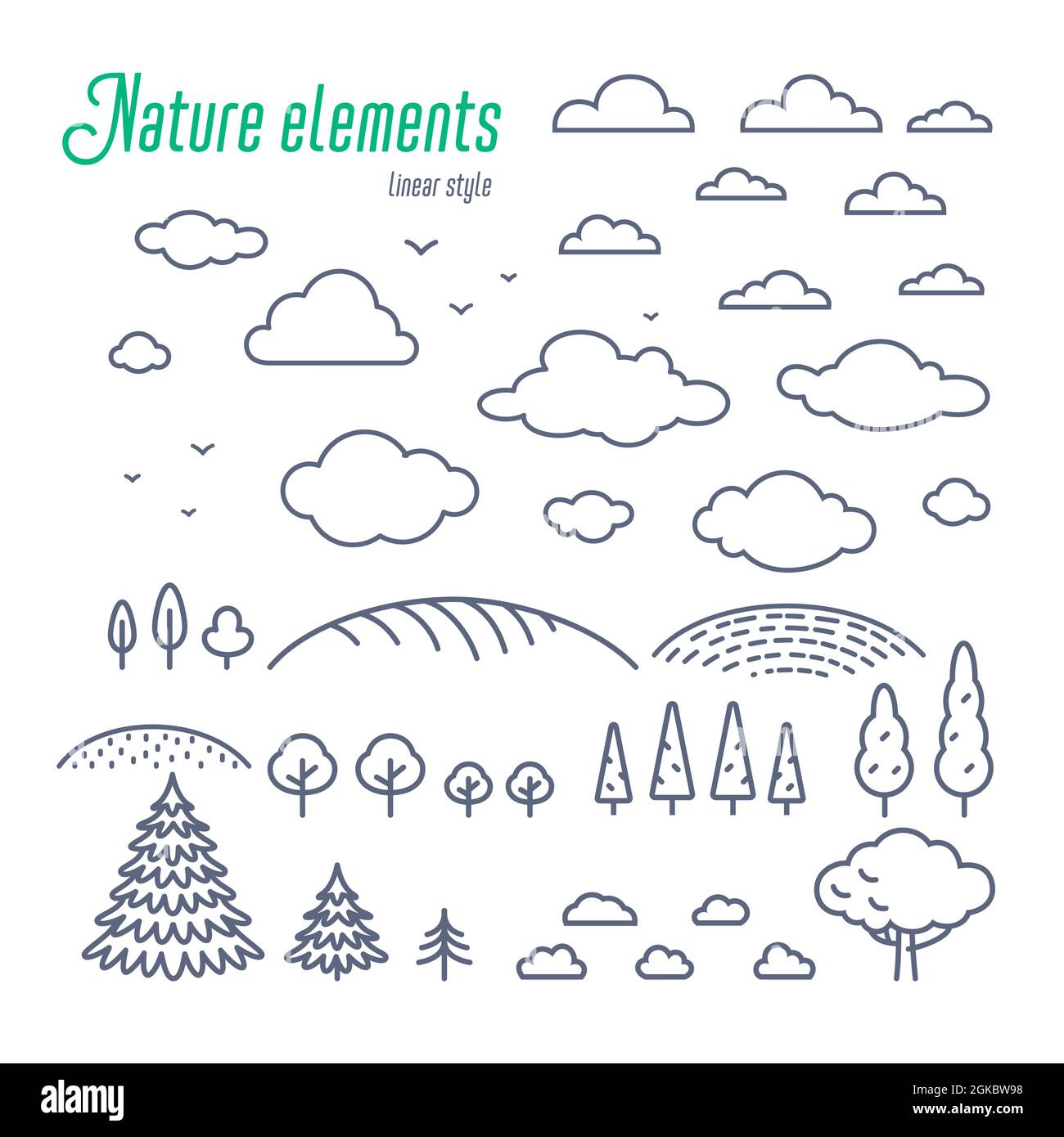 Rural landscape line elements. Vector line illustration of the ...