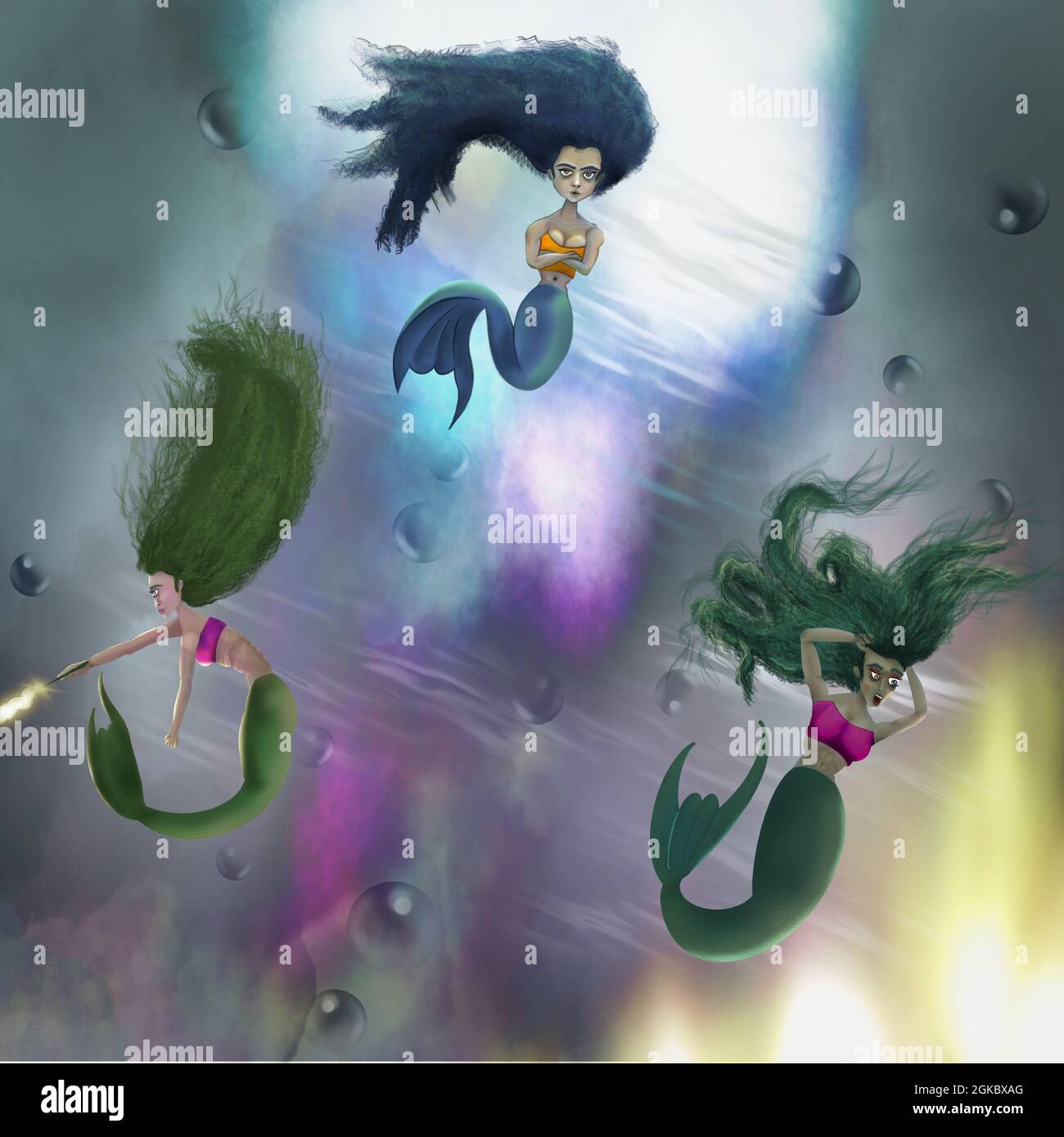 three mermaids in a colorful ocean Stock Photo - Alamy