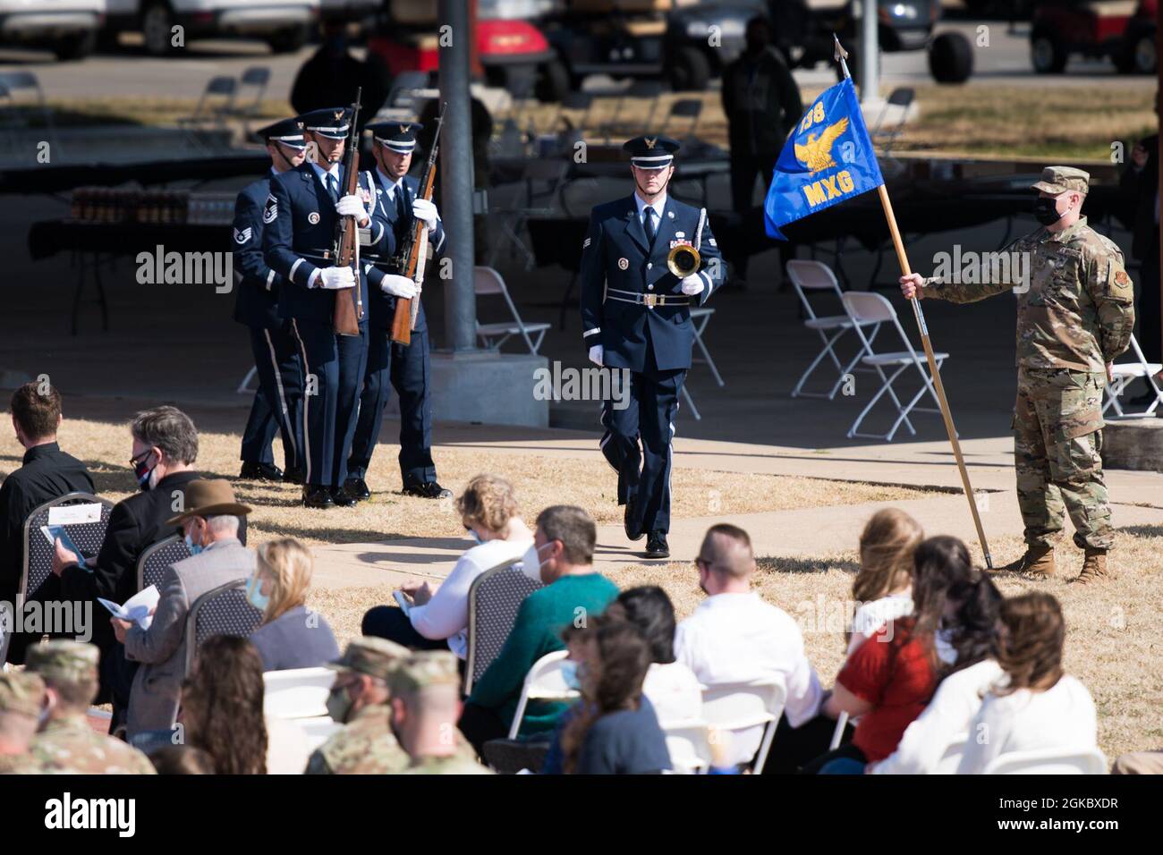 Members of the 138th Fighter Wing honor guard prepare to perform a ...