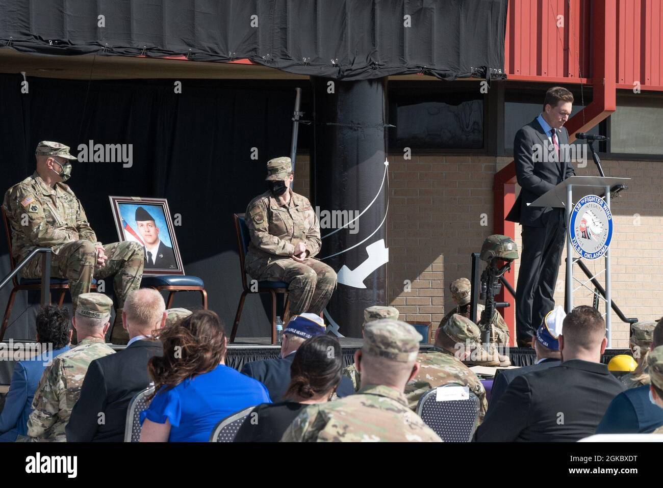 Lt. Gov. Matt Pinnel speaks during a Purple Heart ceremony at the Tulsa ...