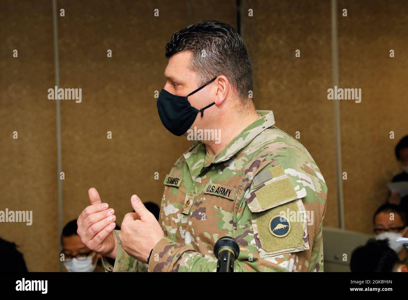 Maj. Adam Summers, U.S. Army Japan G3 exercise chief, briefs during the ...