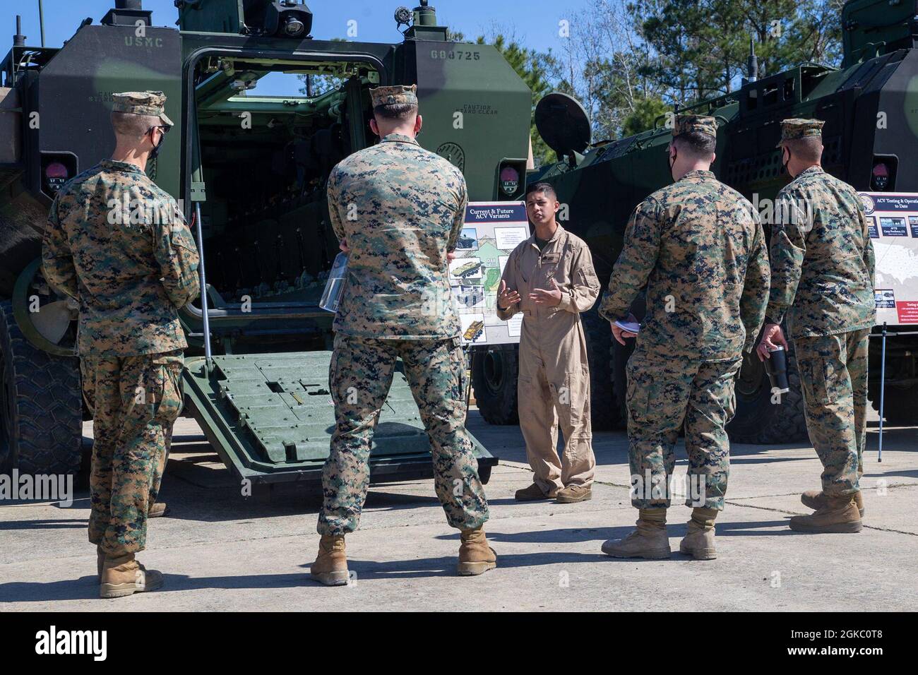 U.S. Marines with 2d Marine Division engage in a static display of an Amphibious Combat Vehicle ...