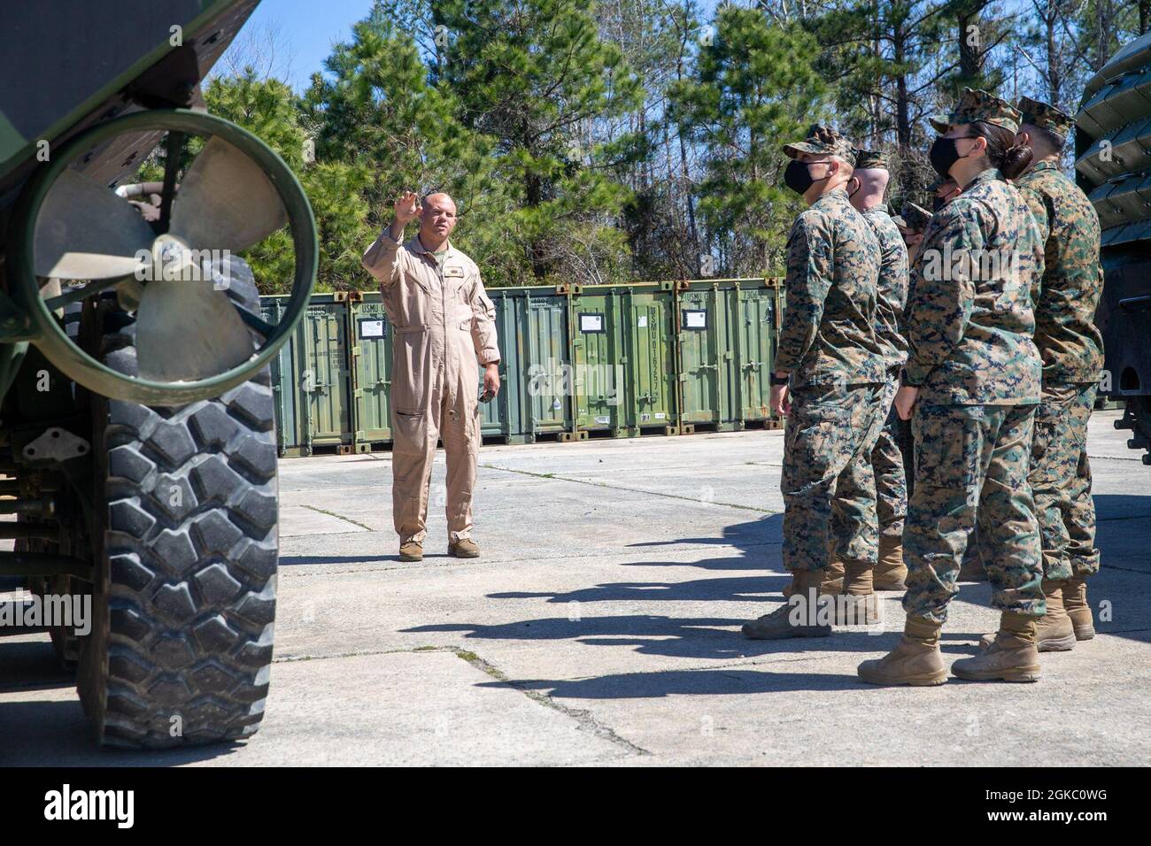 U.S. Marines with 2d Marine Division observe an Amphibious Combat Vehicle (ACV) during a static ...