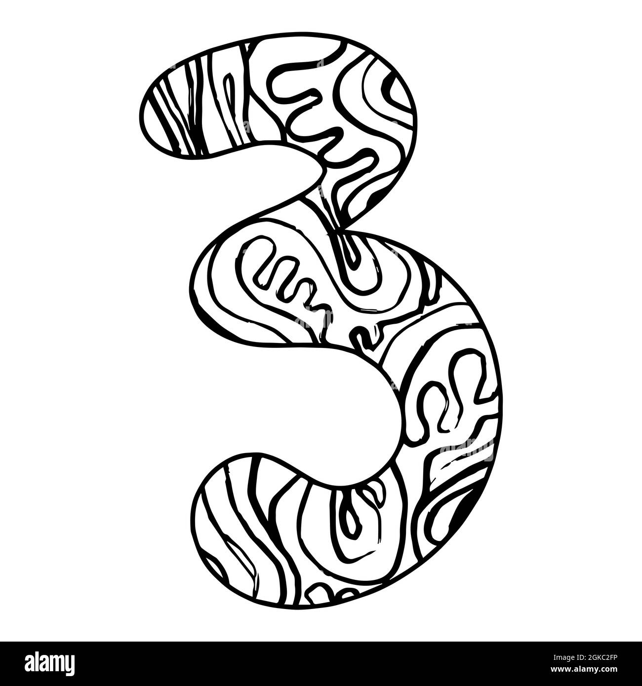 Zentangle stylized alphabet - number 3. Black white hand drawn doodle ...