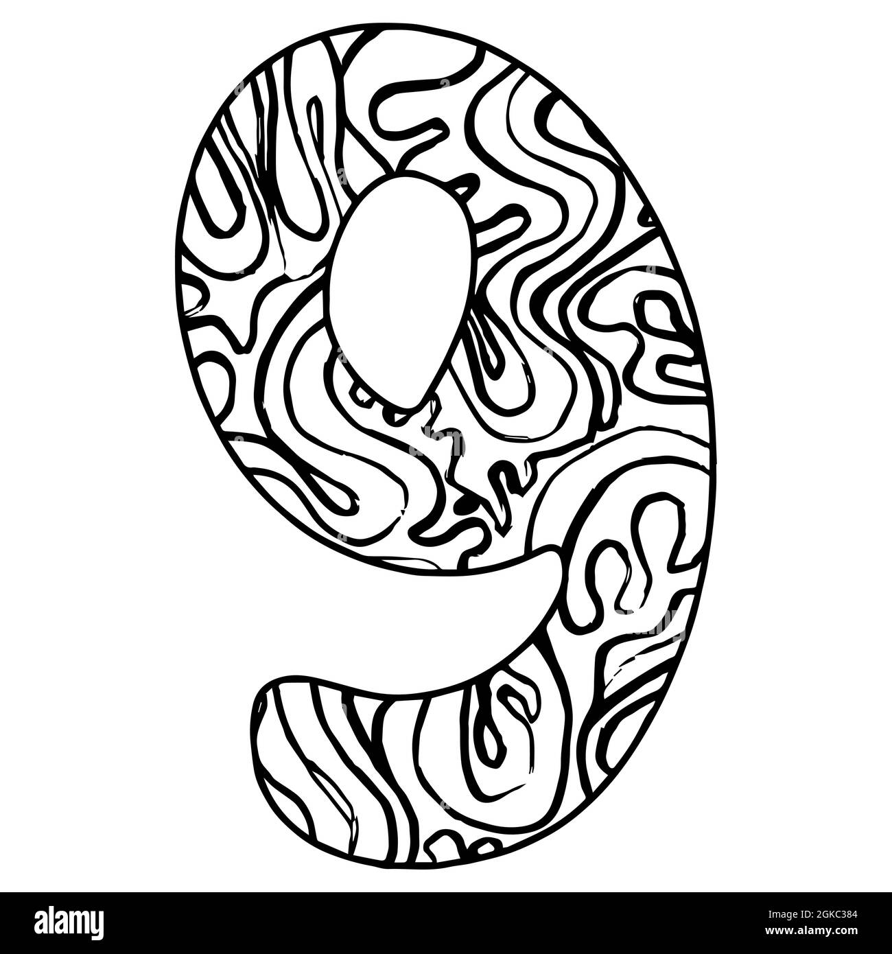 Zentangle stylized alphabet - number 9. Black white hand drawn doodle ...