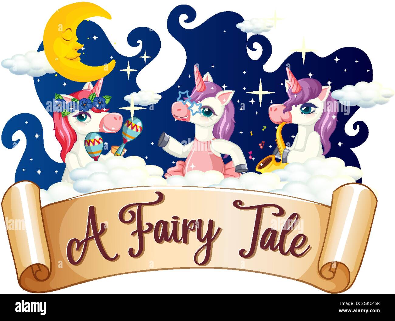 A Fairy Tale font with many unicorns cartoon character dancing on a ...