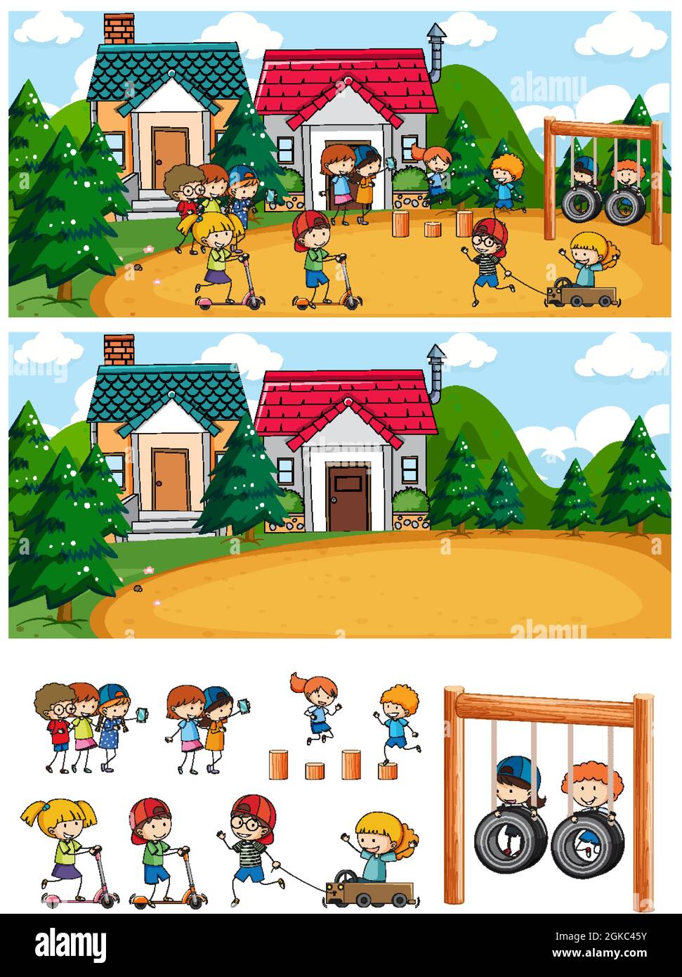 Playground scene set with many kids doodle cartoon character isolated ...