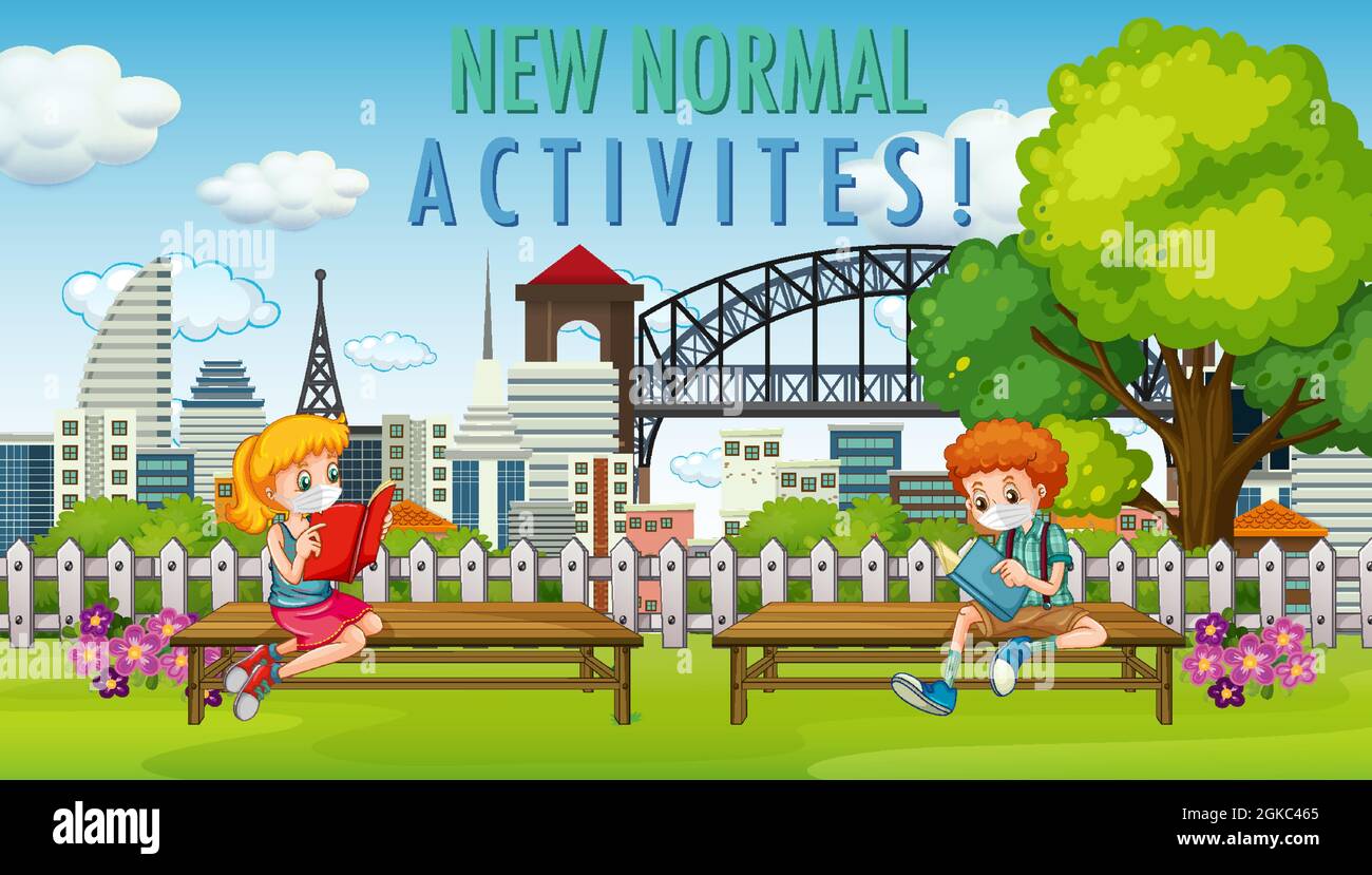 New normal activities with people wearing masks in public park ...