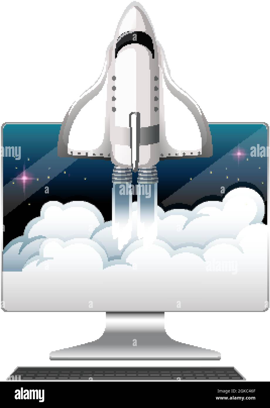 Computer monitor with spaceship on white background illustration Stock ...