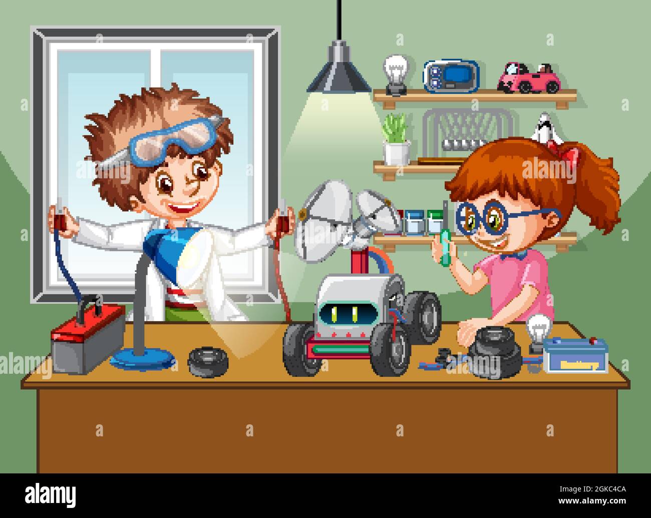 Kids building robot together in the room scene illustration Stock ...