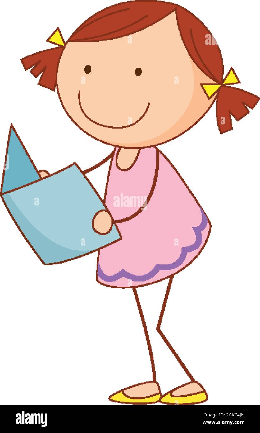 A doodle kid reading a book cartoon character isolated illustration ...