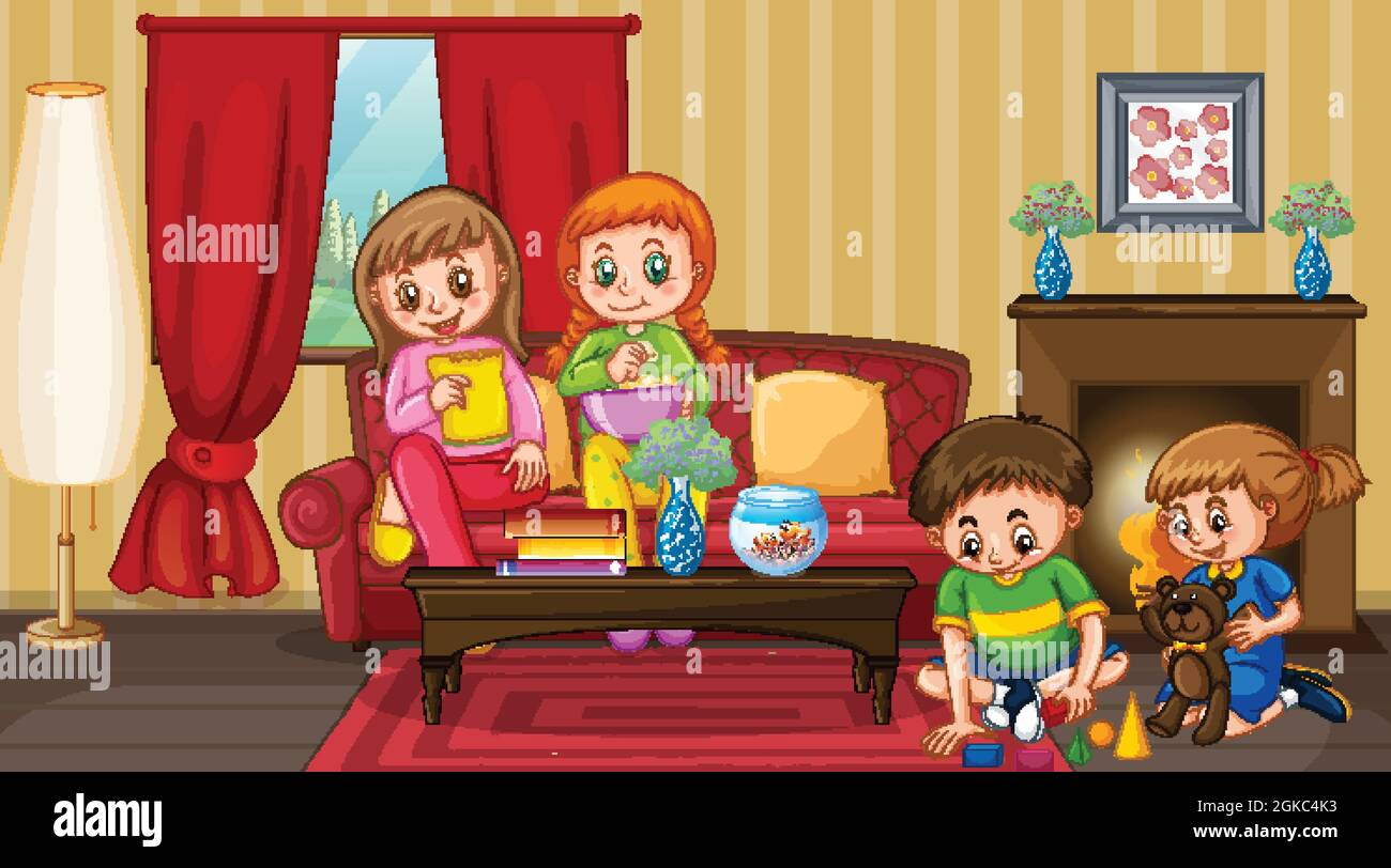 Scene with children cartoon character in the room illustration Stock ...