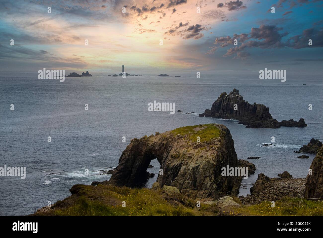 longships lighthouse.Sunset set at Lands End Cornwal with Enys Dodnan ...