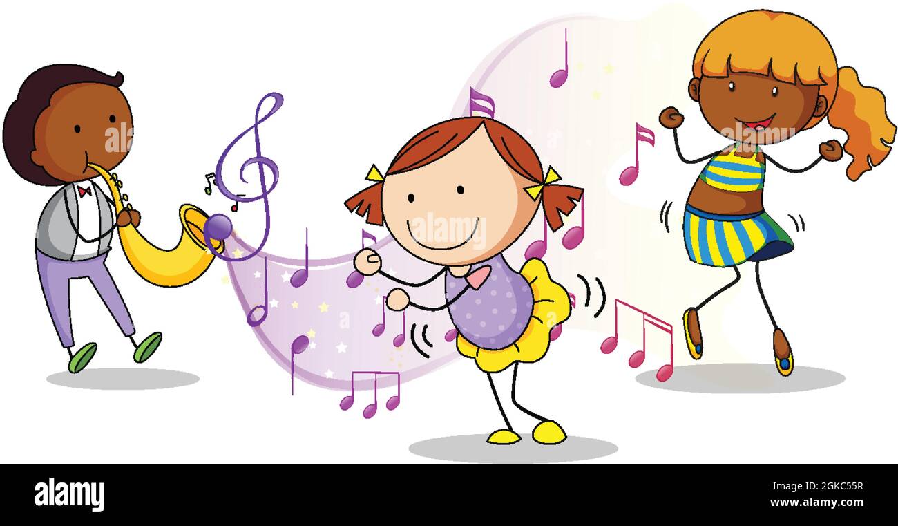 Musical melody symbols with many doodle kids cartoon character ...