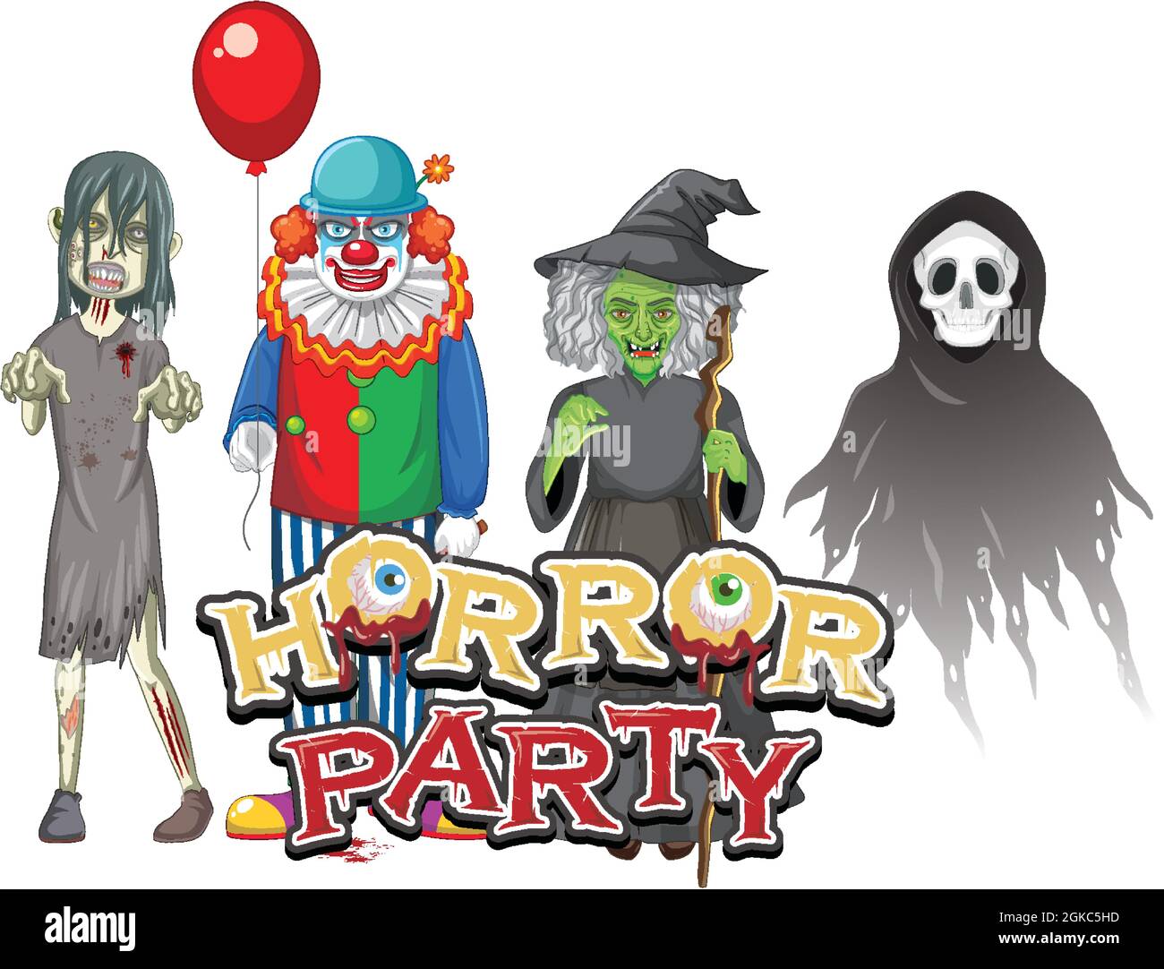Horror Party text design with Halloween ghost characters illustration ...