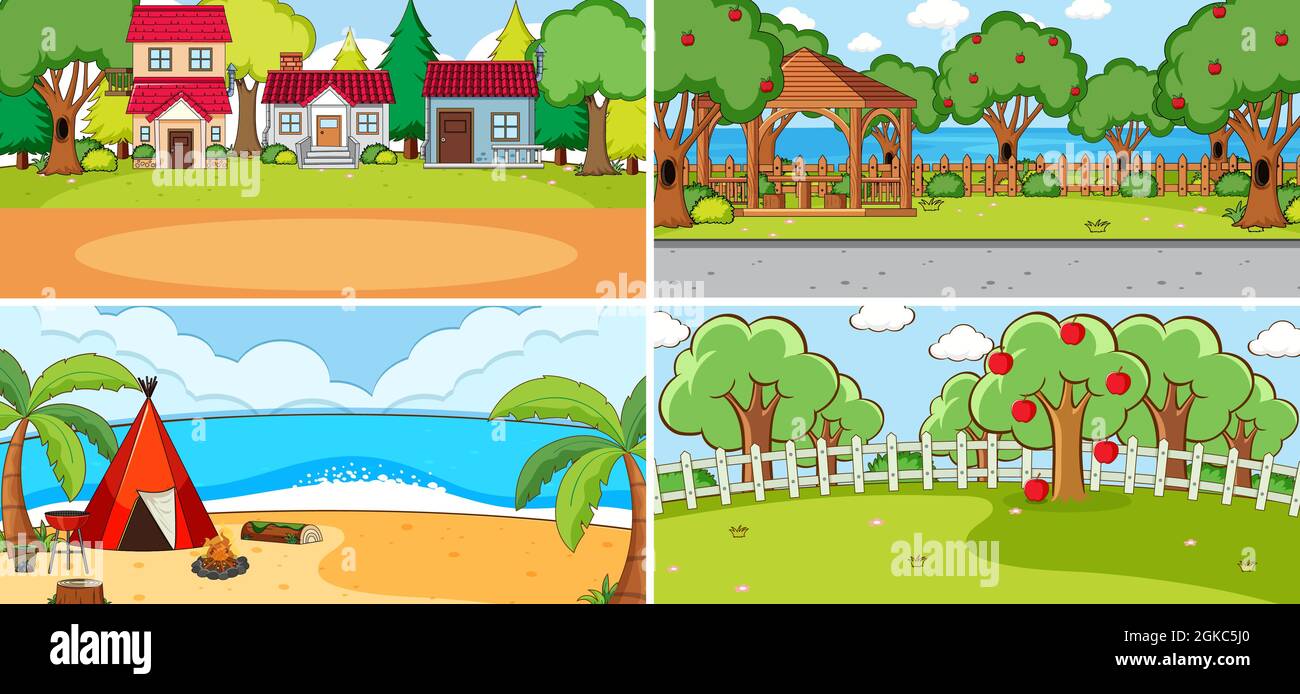 Set of different nature scenes cartoon style illustration Stock Vector ...