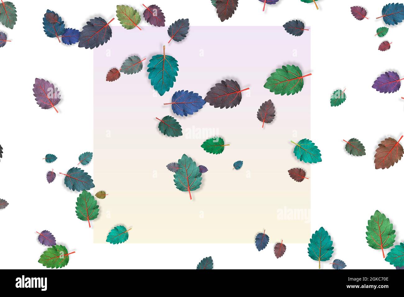 Leaves of various colors falling against light pastel background Stock ...