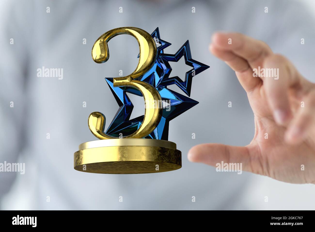 3d rendering of a third-place award concept with blue stars near a ...