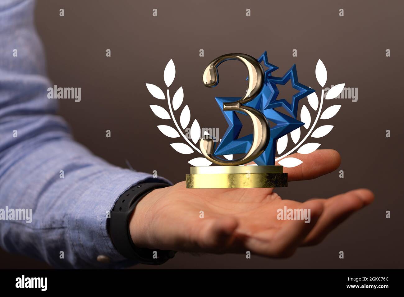 3D rendering of a golden third-place award concept with blue stars and ...