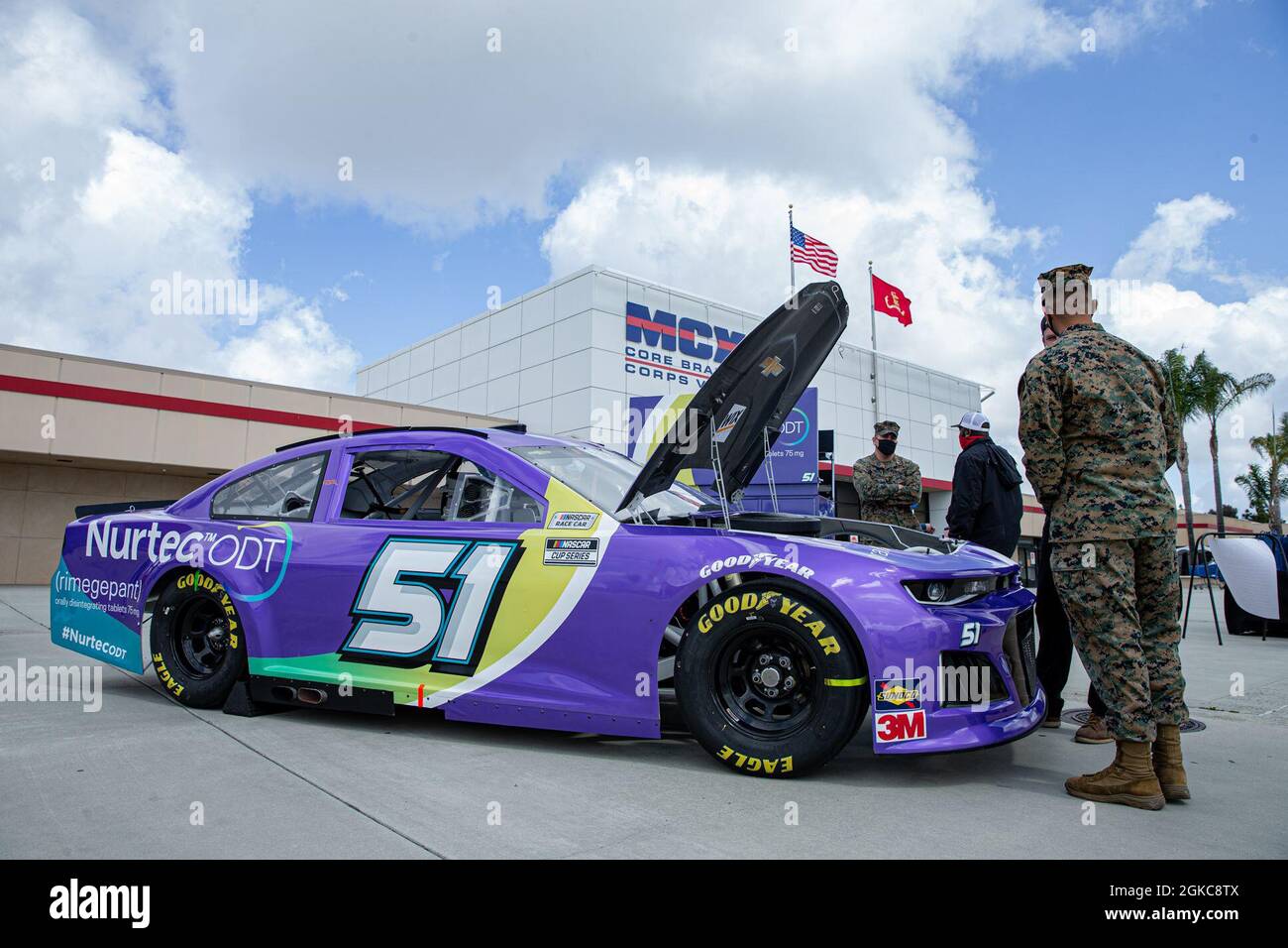 Josh Bilicki's NASCAR race car stands on display in front of the Marine ...