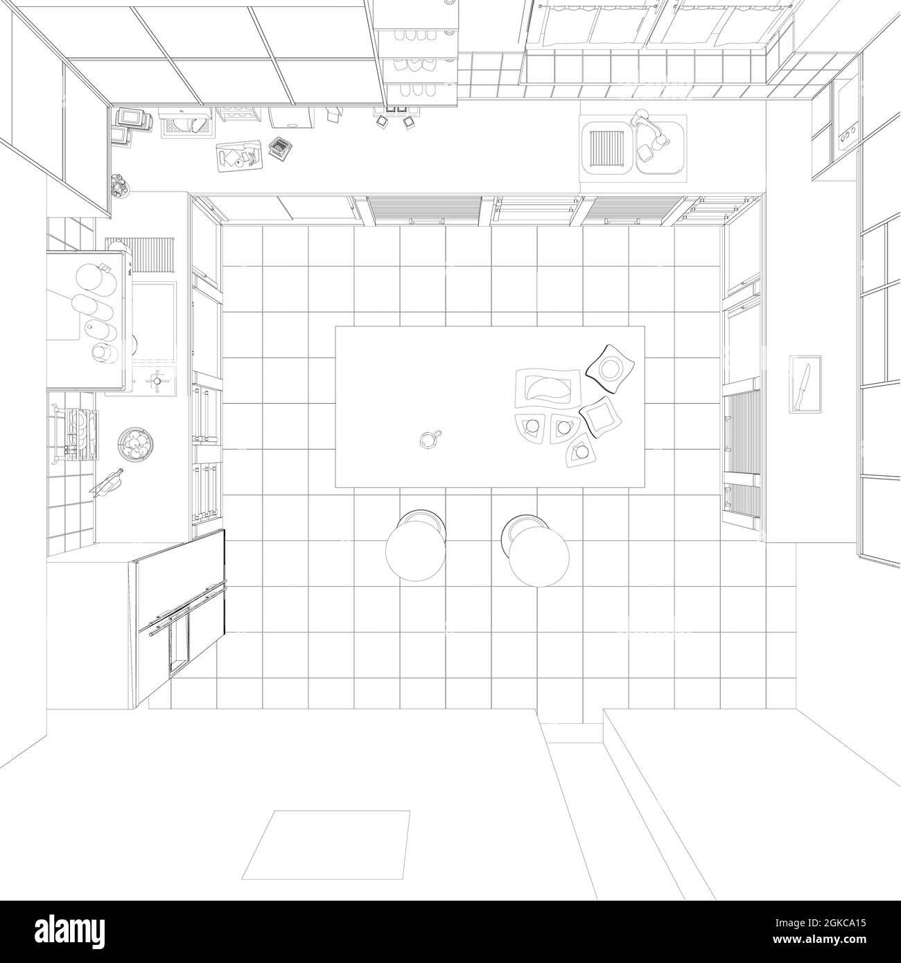 Contour of a kitchen with kitchen utensils isolated on a white ...