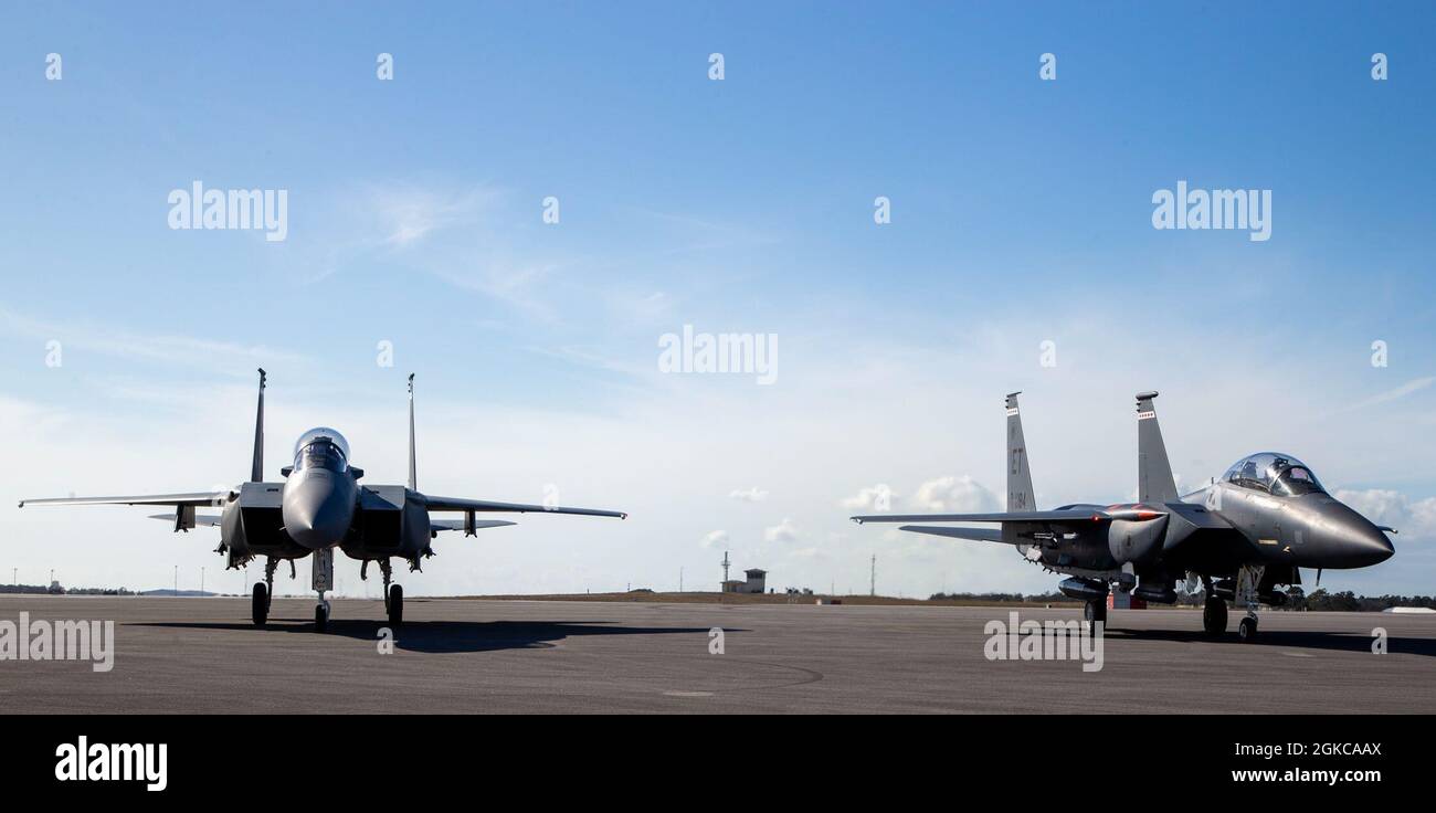 The first F-15EX parks next to a F-15E Strike Eagle on the ramp at ...