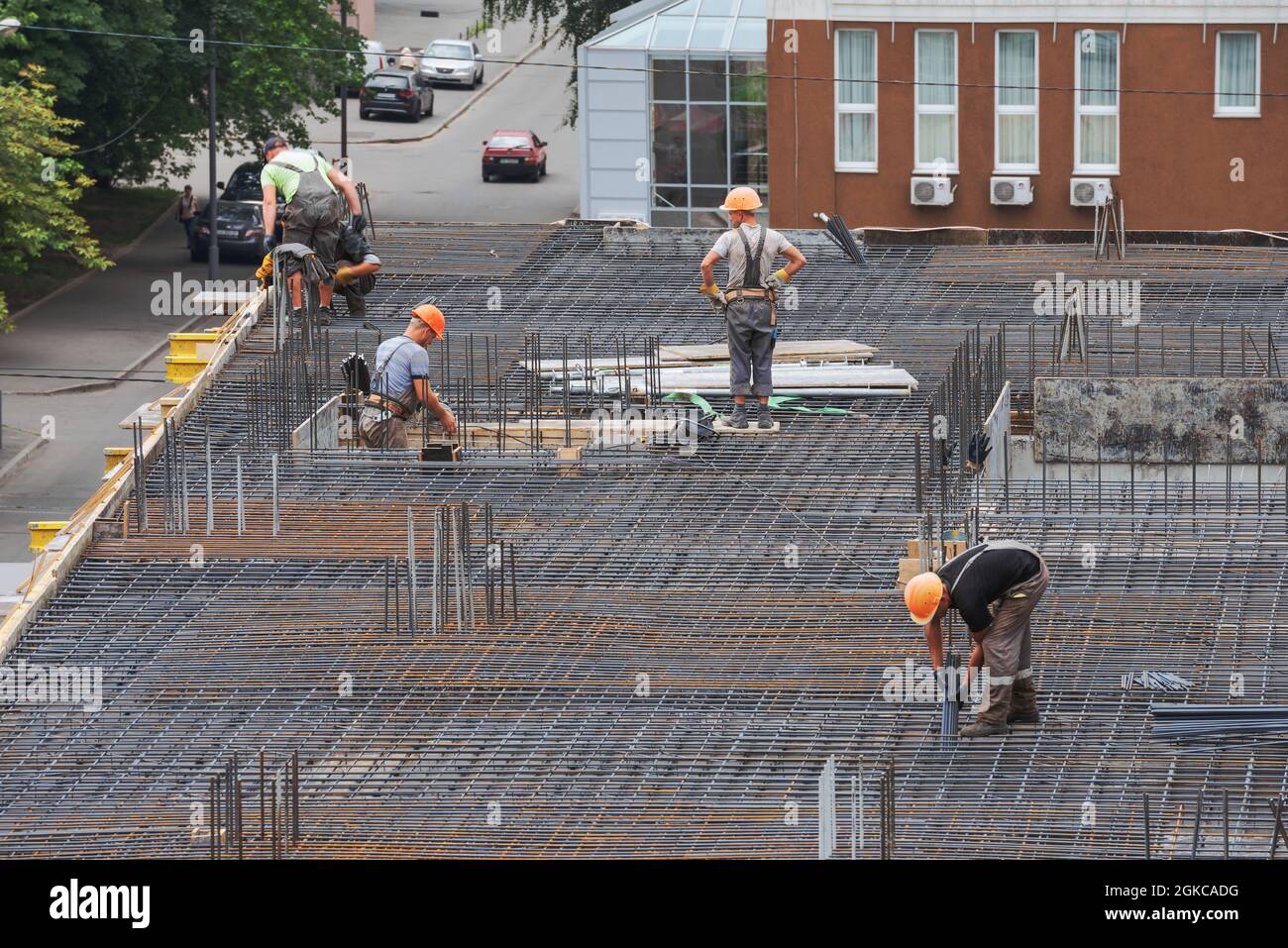 Kiev, Ukraine - June 28, 2018: Workers work at a construction site ...
