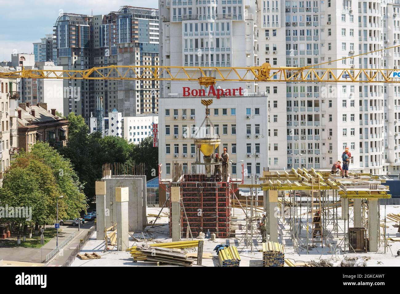 Kiev, Ukraine - July 4, 2018: Workers are working at a construction ...