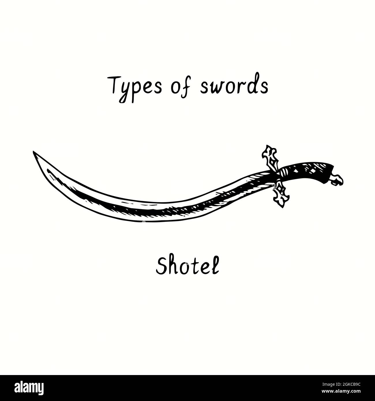 Types of swords. Shotel. Ink black and white doodle drawing in woodcut ...