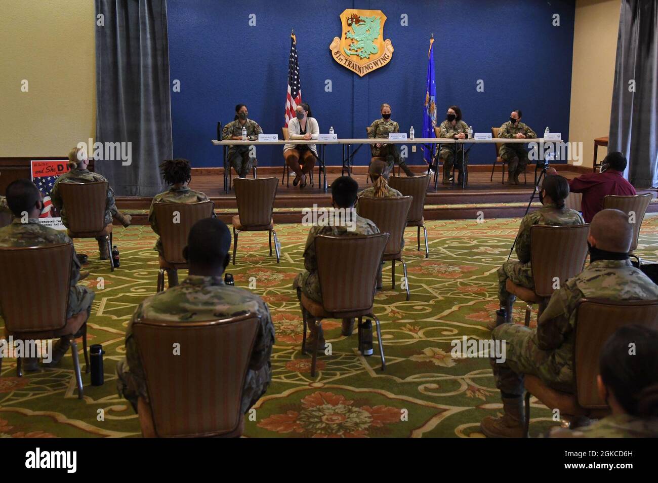 Keesler personnel attend a panel discussion inside the Bay Breeze Event ...