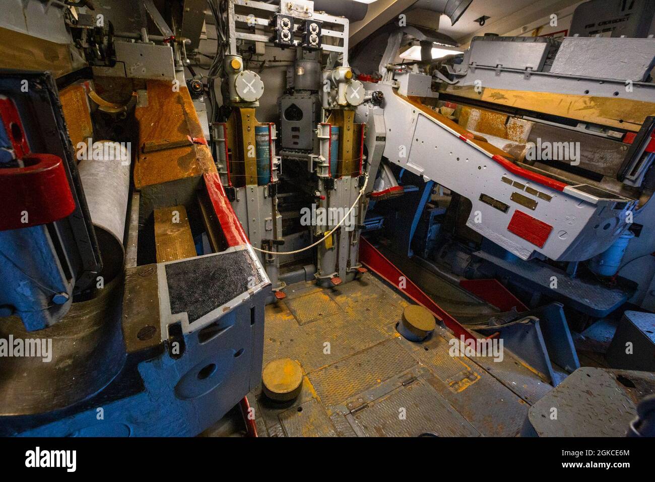 Interior view of one of the six 5-inch gun turrets on the USS New ...