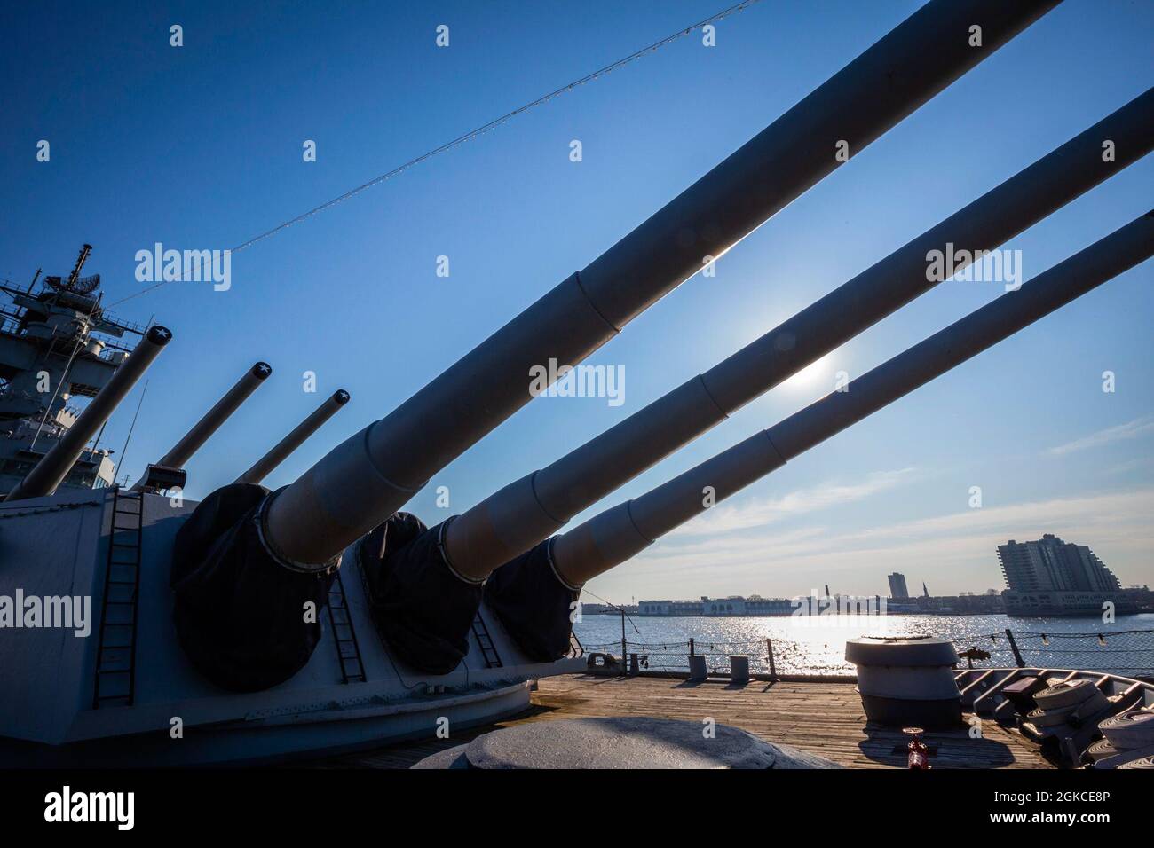 View of the forward 16-inch gun turrets on the USS New Jersey (BB-62 ...