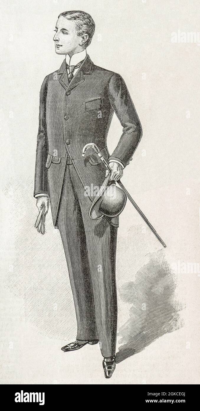 Man wearing elegant retro style suit. Vintage fashion engraving ca ...