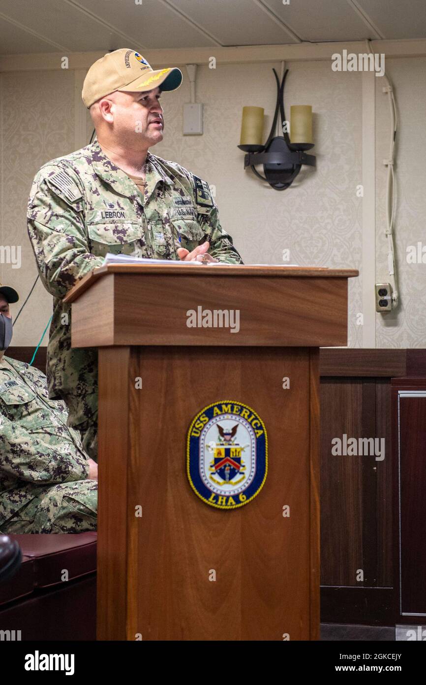 SASEBO, Japan (March 12, 2021) Capt. Richard LeBron speaks during a ...