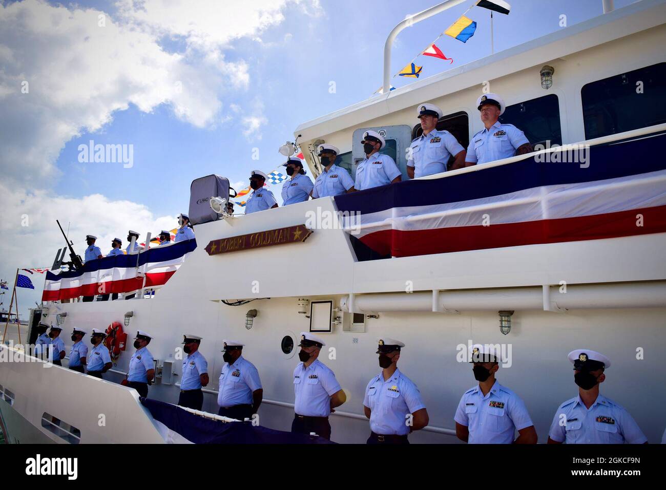 The USCGC Robert Goldman (WPC 1142) crew mans the rail on March 12 ...