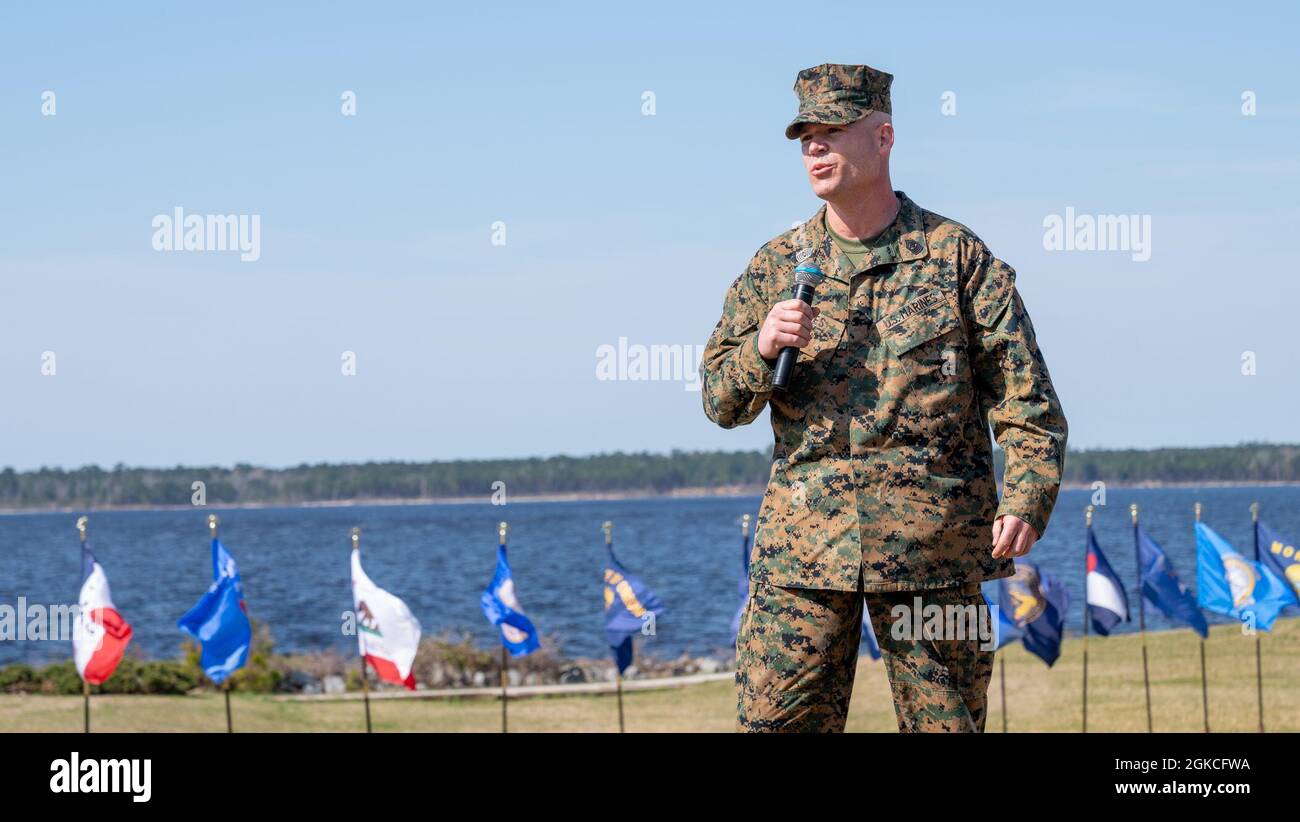 U.S. Marine Corps Sgt. Maj. Jason K. Jones, speaks during a relief and ...