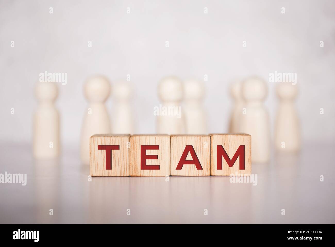 Word team on wooden block, relationship of collaboration and leadership ...