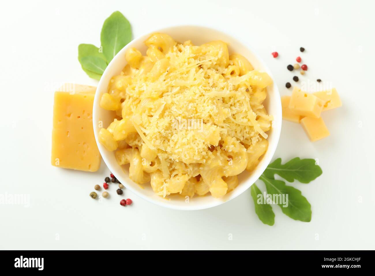 Plate with macaroni and cheese on white background Stock Photo - Alamy