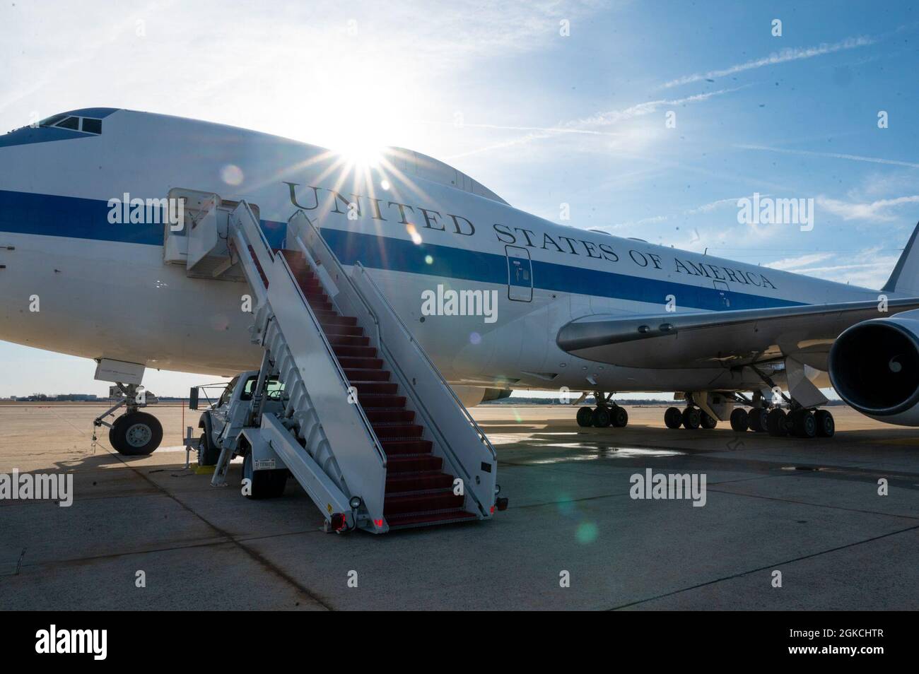 The E-4B aircraft for Secretary of Defense Lloyd J. Austin III’s trip to Hawaii, Japan, South ...