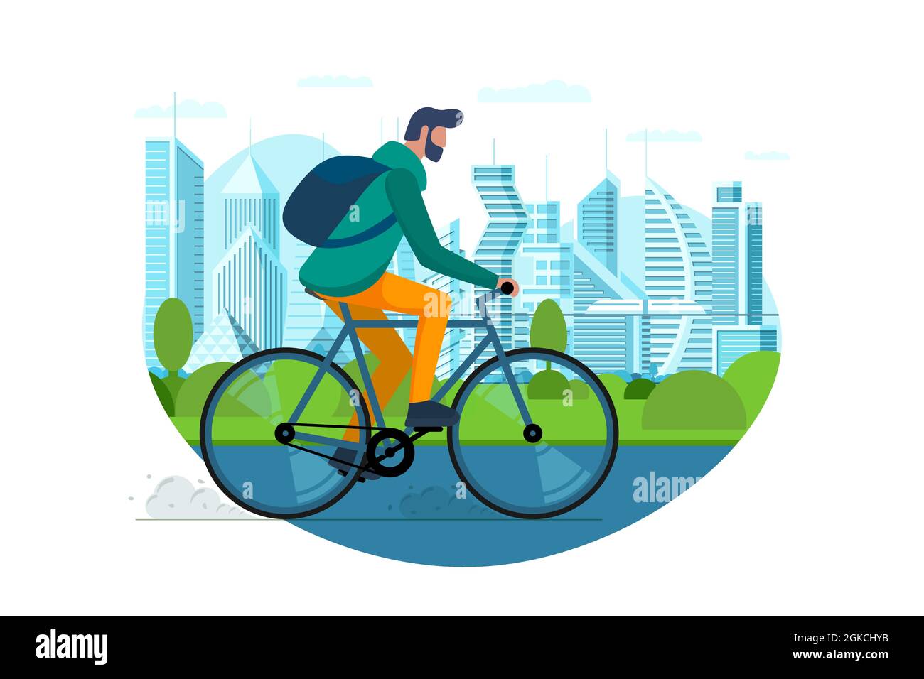 Man ride on bike in city public park. Urban outdoor eco-friendly ...