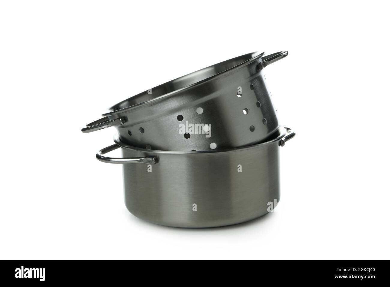 Metal pot with colander isolated on white background Stock Photo - Alamy