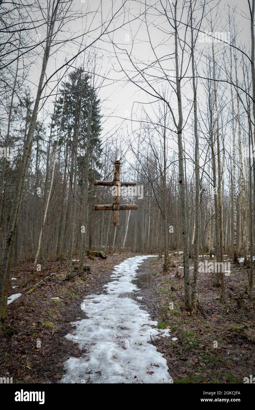 The Lithuanian Vytis cross sways in the breeze about a narrow trail ...