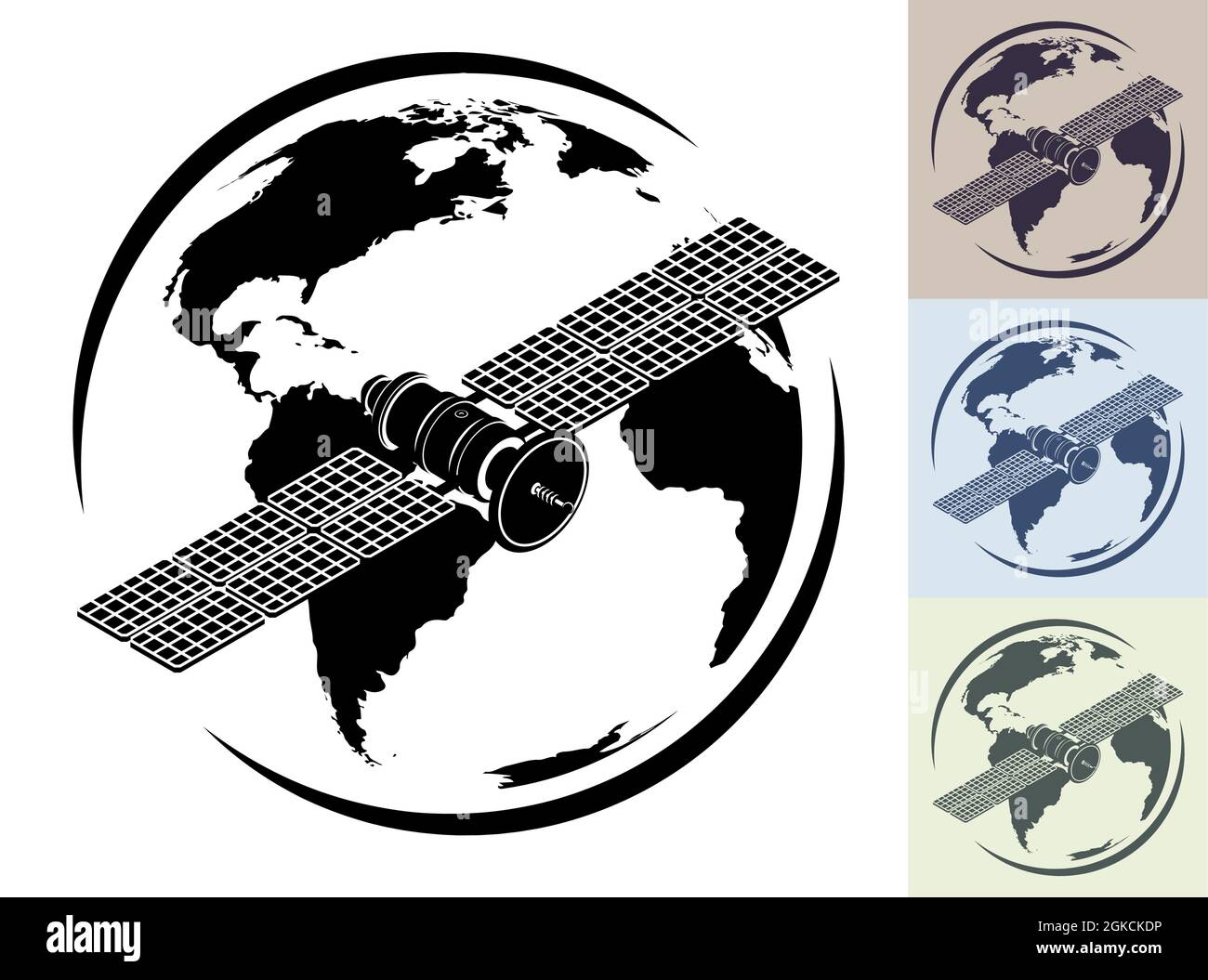Monochrome schematic Satellite fly orbiting planet earth and transmit ...